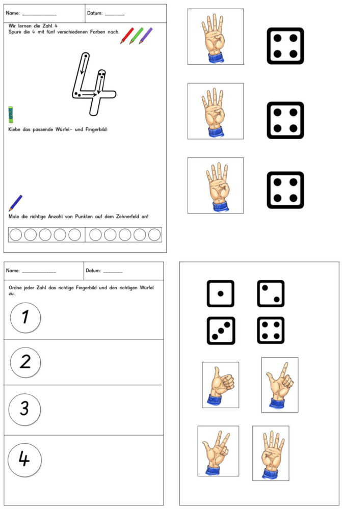 Die Zahl 4 - Würfel und Fingerbild • gpaed.de